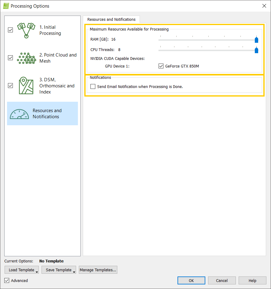 Menu Process > Processing Options... > Resources and Notifications - PIX4Dmapper